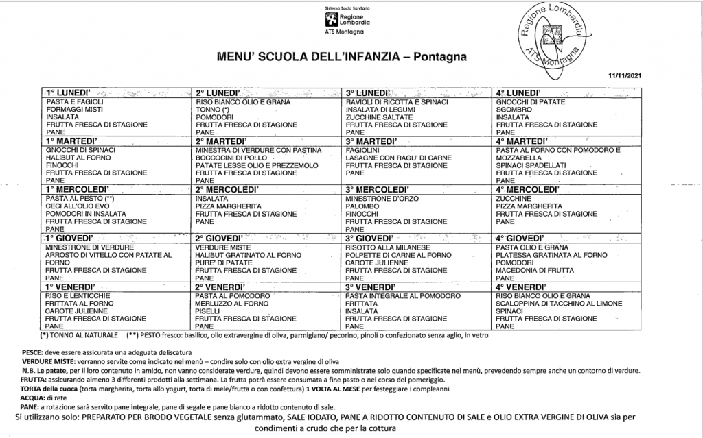 MENU’ MENSA – Istituto Comprensivo di Ponte di Legno